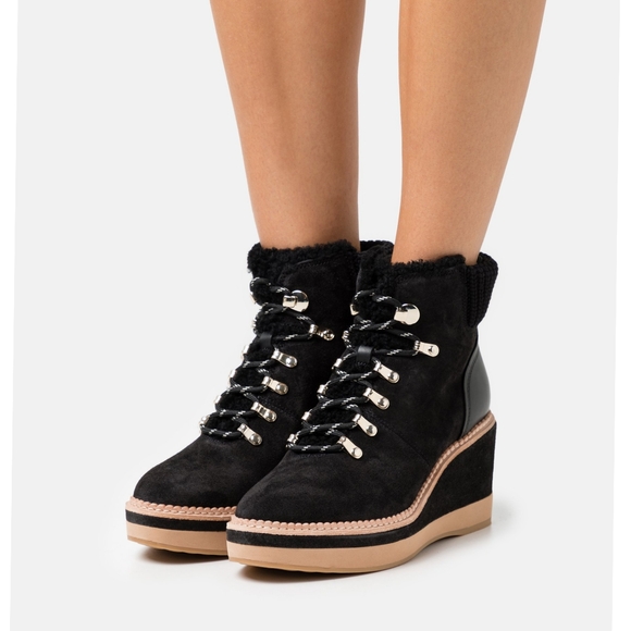 kate spade | Shoes | Kate Spade Willow Wedge Booties Black Tan Suede ...
